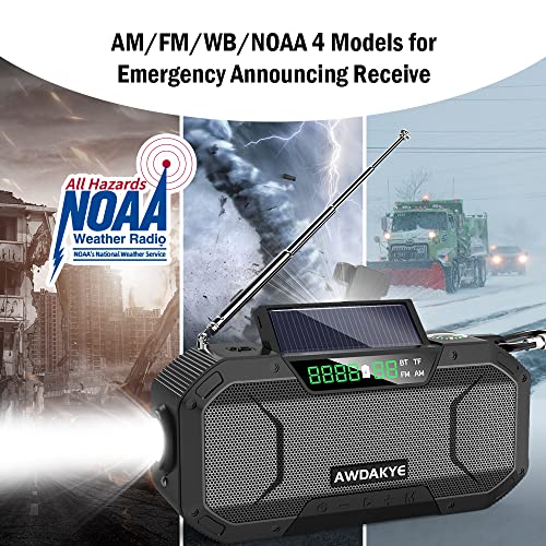 5000mAh Emergency Weather Radio with Bluetooth Speaker, Waterproof Hand Crank Digital NOAA AM FM Weather Radio, Solar Radio with Flashlight, Cell Phone Charger, Compass, Camping Survival Gear