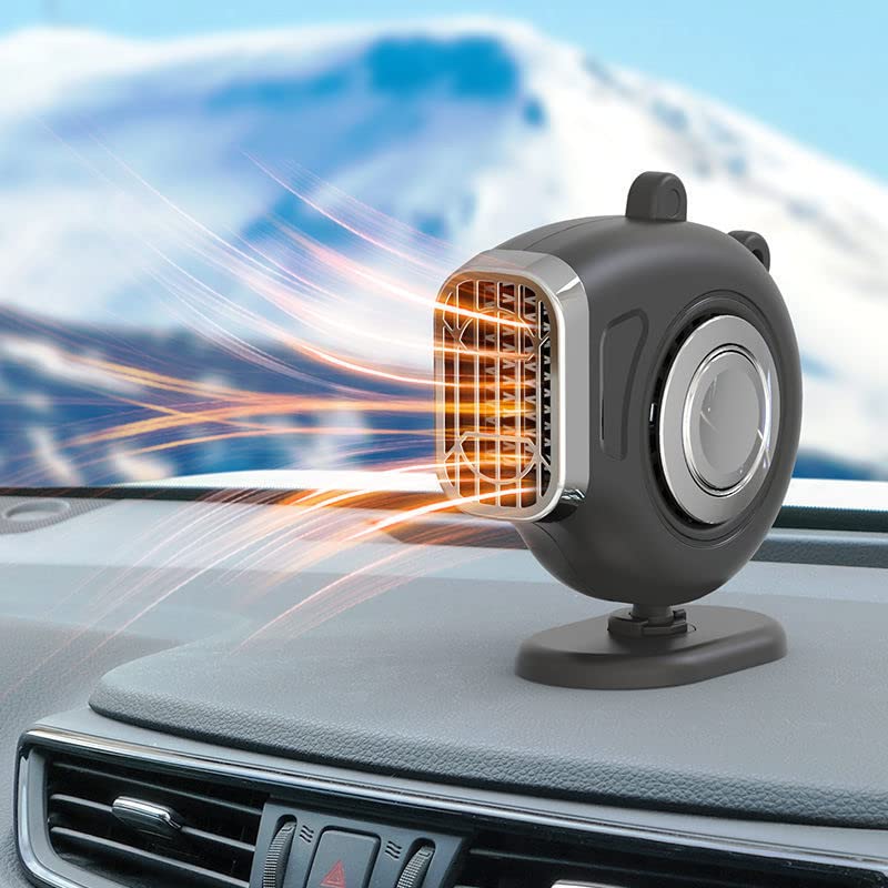 Mini Car Heater, 12V 150W Car Fan Defroster, Auto Heating/Cooling Fan with Rotating Base Fairing Securing Clip,Plug in Cigarette Lighter (Black)