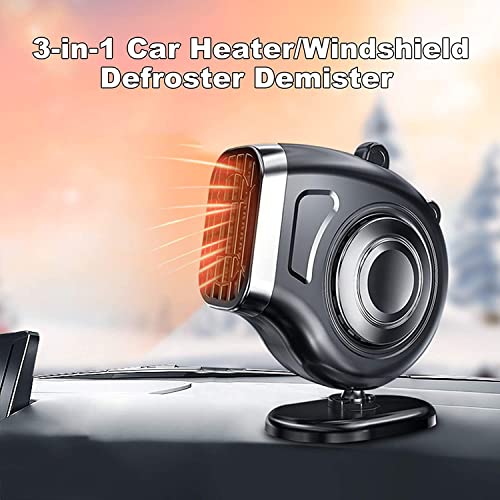 Mini Car Heater, 12V 150W Car Fan Defroster, Auto Heating/Cooling Fan with Rotating Base Fairing Securing Clip,Plug in Cigarette Lighter (Black)
