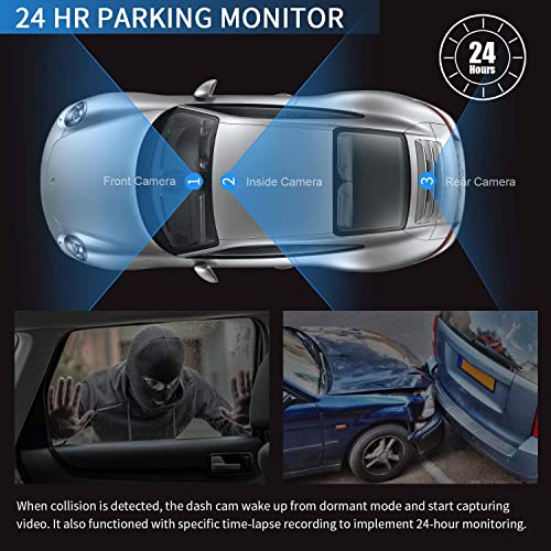 PRUVEEO 3 Channel Mirror Dash Cam, 1440P+1080P+1080P Front Inside and Rear, 12'' Full Touch Screen Rear View Mirror Camera, IR Night Vision(Sony Sensor), GPS, Parking Monitor, with 64GB Card