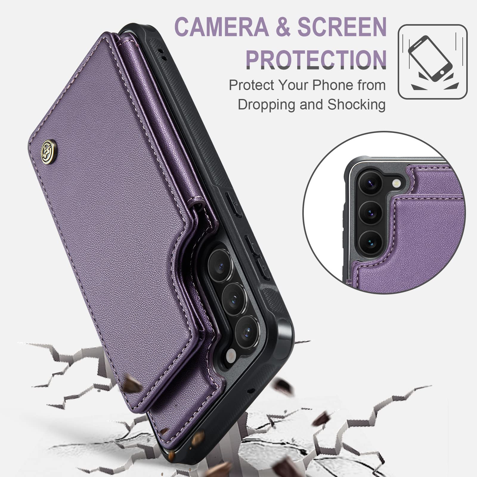 Vinich for Samsung Galaxy S23 Case with Card Holder, for Samsung S23 Wallet Case for Women Men with RFID Blocking, Durable Kickstand Shockproof Phone Case for Galaxy S23 5G, Purple