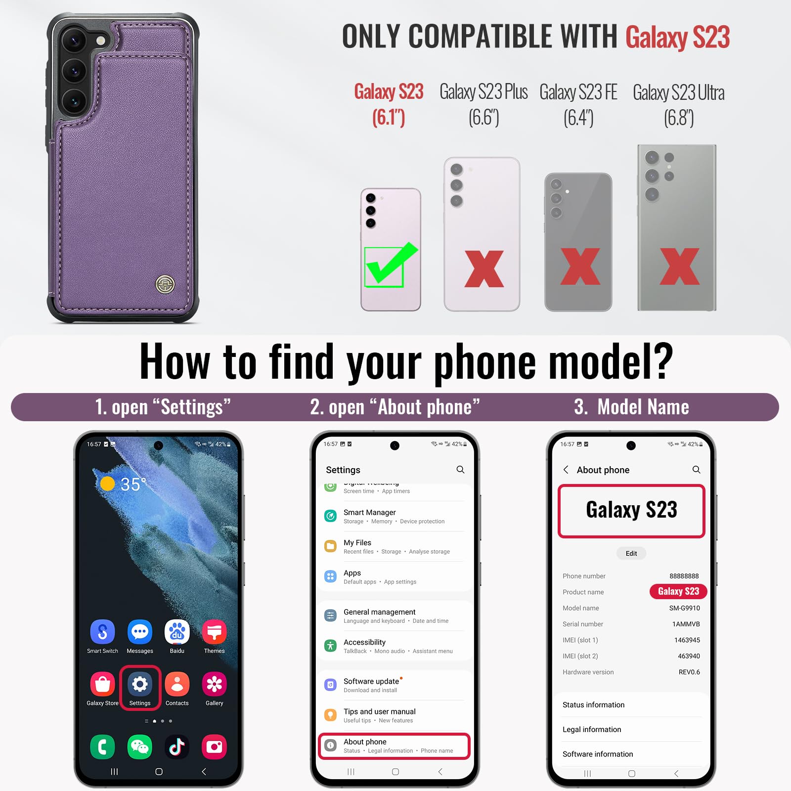 Vinich for Samsung Galaxy S23 Case with Card Holder, for Samsung S23 Wallet Case for Women Men with RFID Blocking, Durable Kickstand Shockproof Phone Case for Galaxy S23 5G, Purple