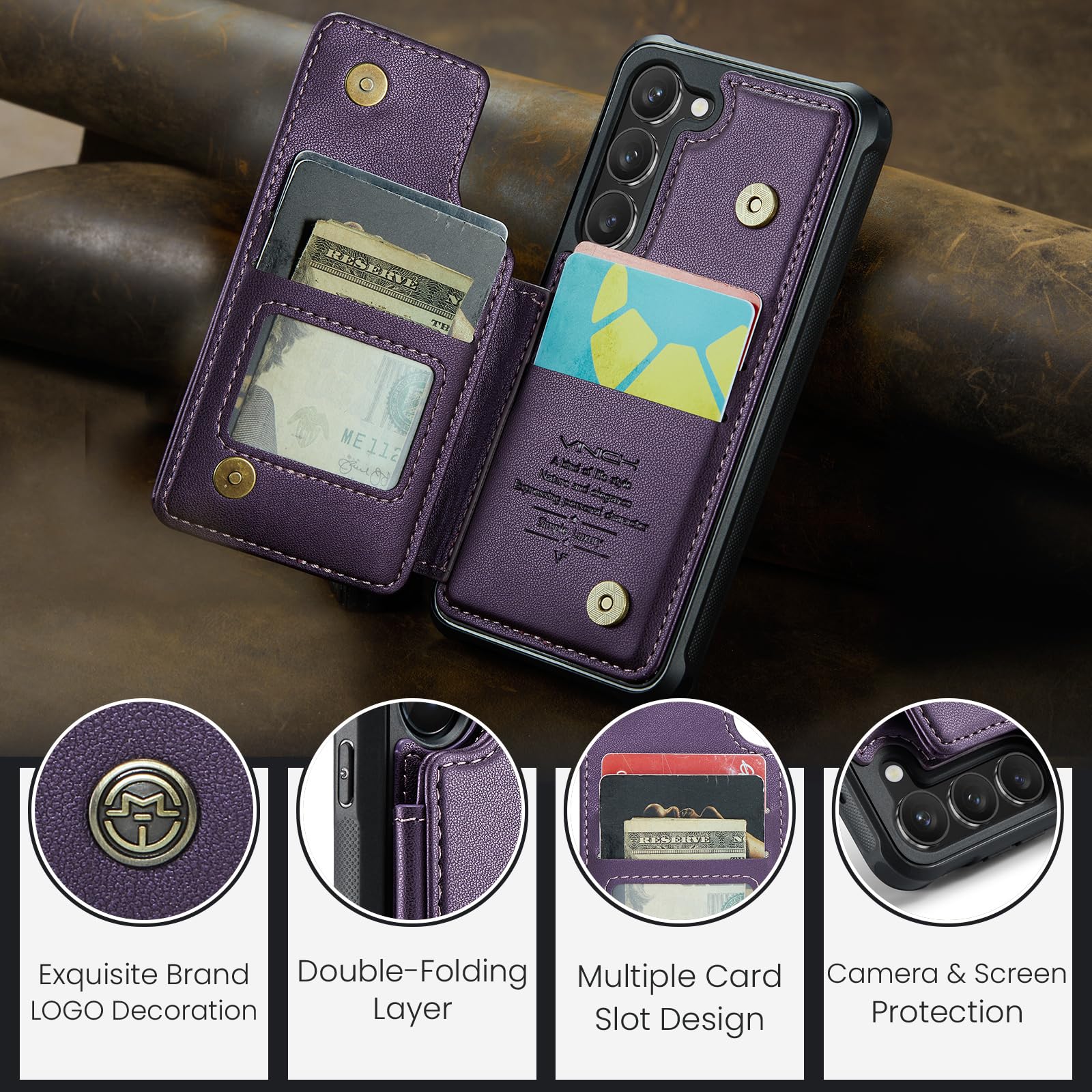 Vinich for Samsung Galaxy S23 Case with Card Holder, for Samsung S23 Wallet Case for Women Men with RFID Blocking, Durable Kickstand Shockproof Phone Case for Galaxy S23 5G, Purple