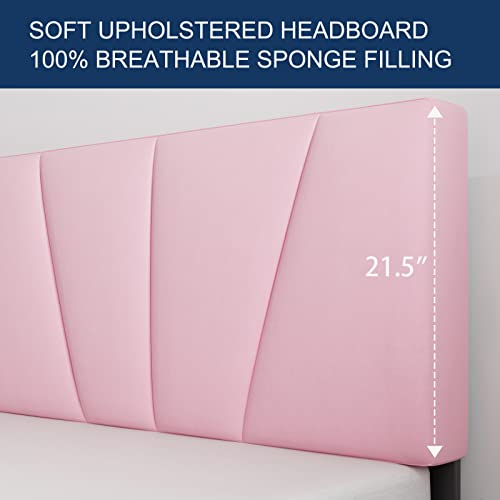 Molblly Twin Bed Frame Upholstered Platform with Headboard and Strong Wooden Slats, Strong Weight Capacity, Non-Slip and Noiseless,No Box Spring Needed, Easy Assembly,Pink