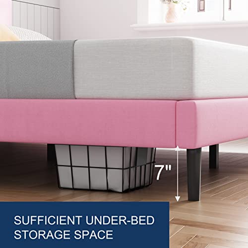 Molblly Twin Bed Frame Upholstered Platform with Headboard and Strong Wooden Slats, Strong Weight Capacity, Non-Slip and Noiseless,No Box Spring Needed, Easy Assembly,Pink