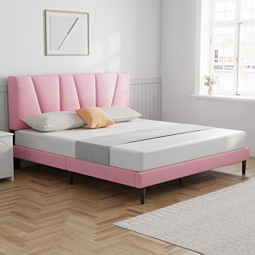 Molblly Twin Bed Frame Upholstered Platform with Headboard and Strong Wooden Slats, Strong Weight Capacity, Non-Slip and Noiseless,No Box Spring Needed, Easy Assembly,Pink
