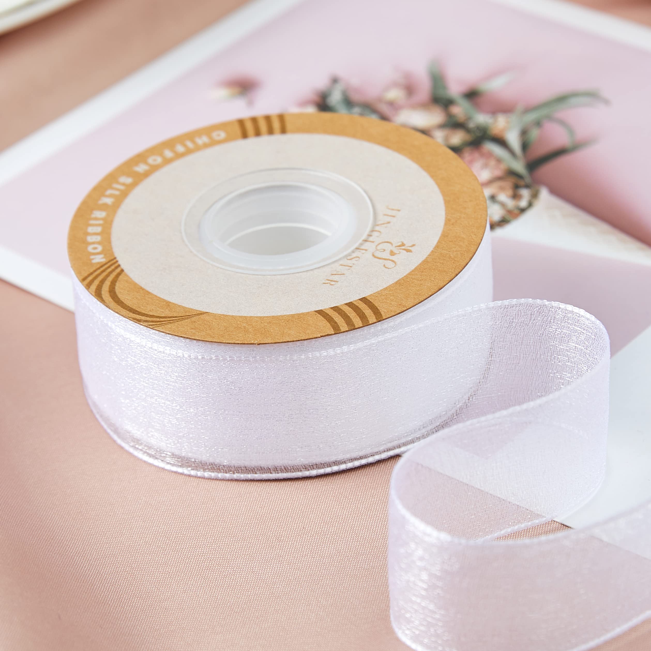 JINGLESTAR 1 Inch Wide Sheer Chiffon Ribbon - Pearl Silk Woven Ribbon Suitable for Gift Wrapping, Wedding Decor, Home Decor, Girl Hair Accessories Handmade DIY (25 Yards/roll) (White)