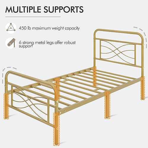 Topeakmart Twin Bed Frames Metal Bed with Vintage Style/Criss-Cross Design Headboard/Mattress Foundation/No Box Spring Needed/Under Bed Storage/Strong Slat Support Antique Gold Twin Bed