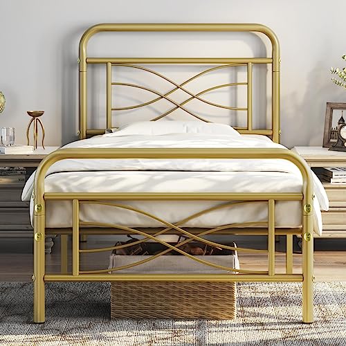 Topeakmart Twin Bed Frames Metal Bed with Vintage Style/Criss-Cross Design Headboard/Mattress Foundation/No Box Spring Needed/Under Bed Storage/Strong Slat Support Antique Gold Twin Bed