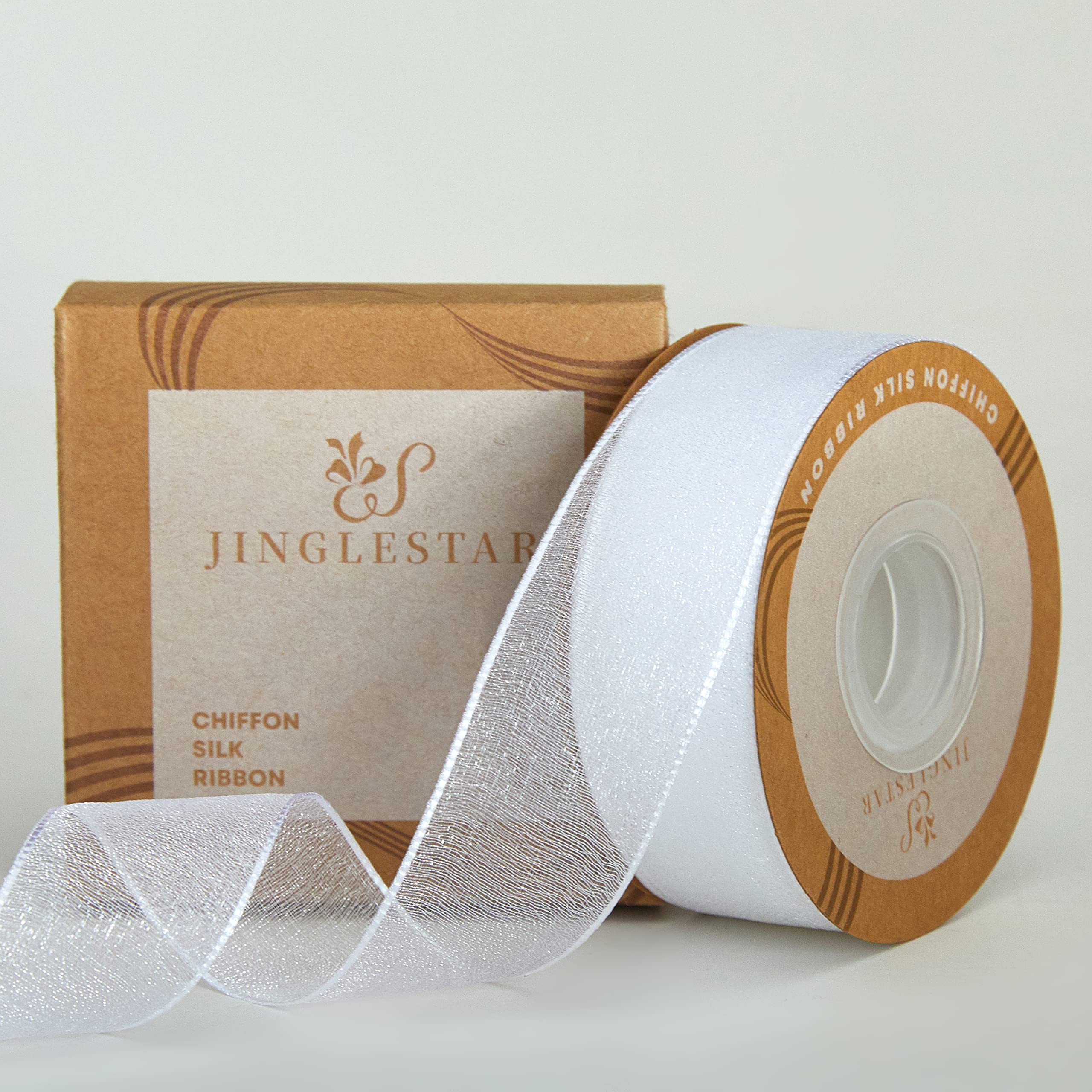 JINGLESTAR 1 Inch Wide Sheer Chiffon Ribbon - Pearl Silk Woven Ribbon Suitable for Gift Wrapping, Wedding Decor, Home Decor, Girl Hair Accessories Handmade DIY (25 Yards/roll) (White)