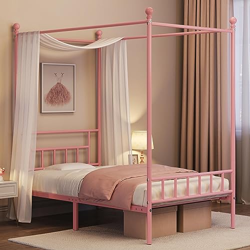 Yaheetech Twin Canopy Bed Frames Metal Platform Bed Frame Four-Poster Canopied Bed Mattress Foundation with Headboard and Footboard Sturdy Slatted Structure Easy Assembly No Box Spring Needed Pink