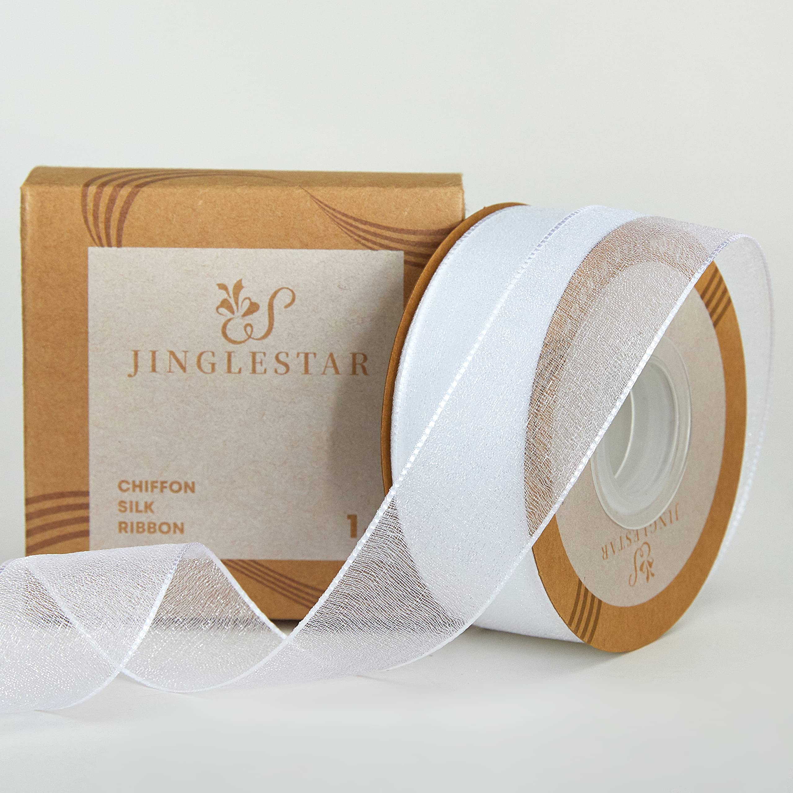 JINGLESTAR 1 Inch Wide Sheer Chiffon Ribbon - Pearl Silk Woven Ribbon Suitable for Gift Wrapping, Wedding Decor, Home Decor, Girl Hair Accessories Handmade DIY (25 Yards/roll) (White)