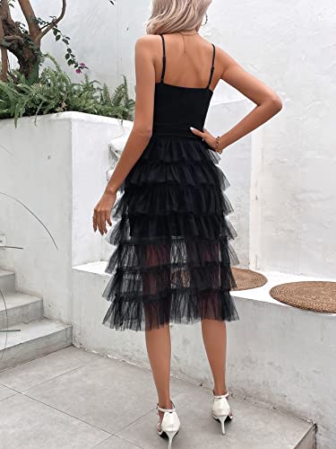 Floerns Women's Spaghetti Strap Sleeveless Ruffle Mesh Hem Midi Cami Dress Black M
