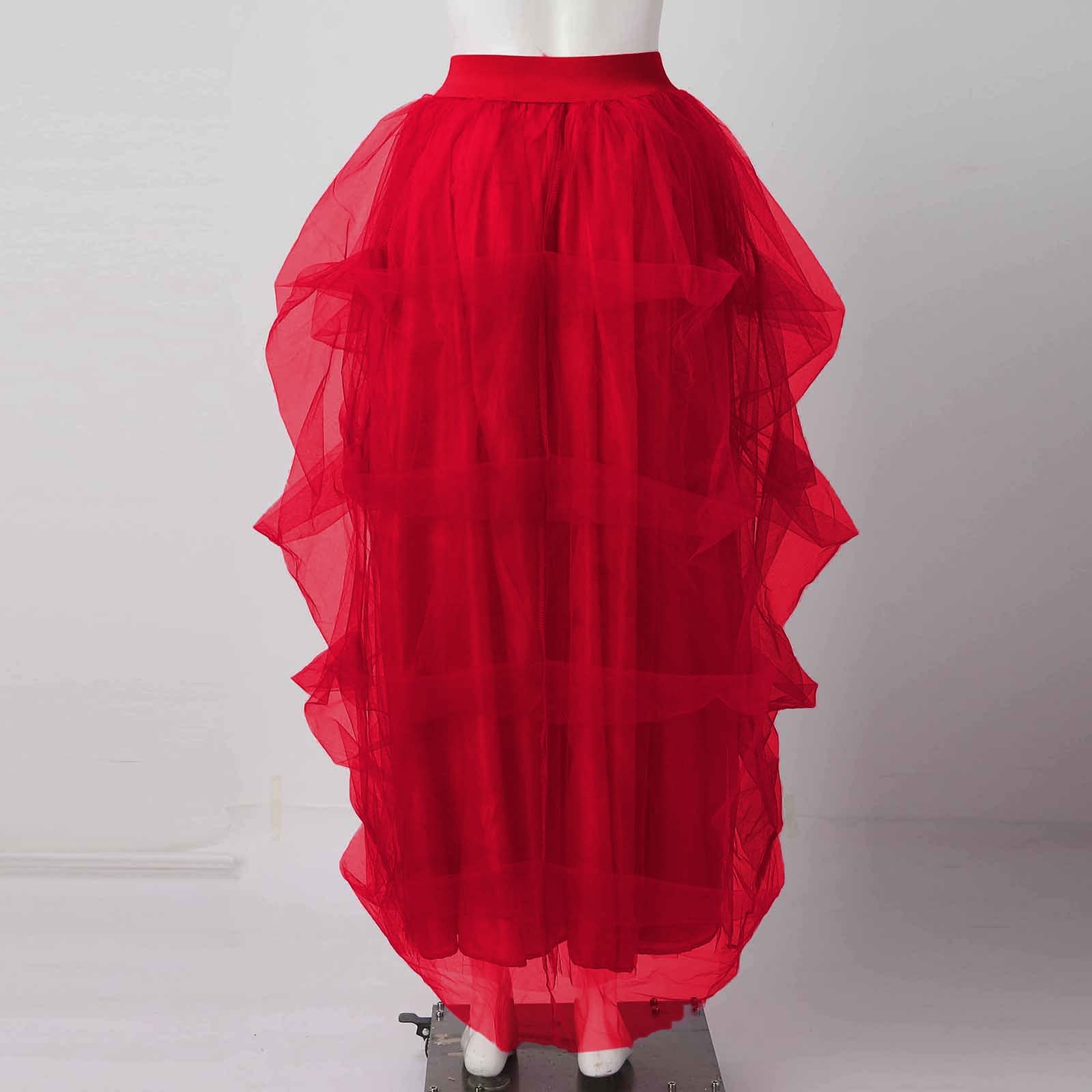 Women's Tulle Maxi Skirt Women's Party High Waist Elastic Belt Casual Poncho Women's Twin Bed Skirts (Red, One Size)