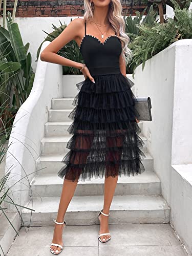 Floerns Women's Spaghetti Strap Sleeveless Ruffle Mesh Hem Midi Cami Dress Black M