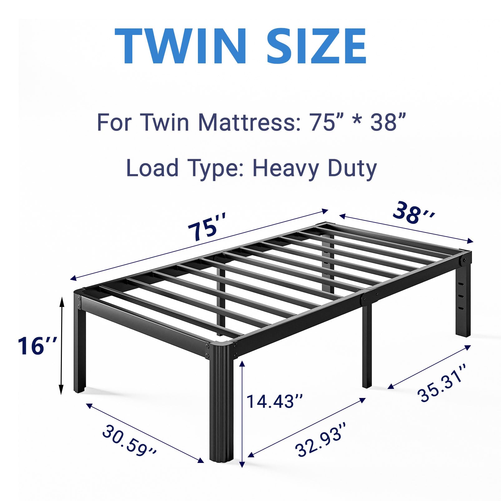 Nordicbed 16 Inch High Platform Twin Bed Frame No Box Spring Needed, Metal Bed Frame Twin, Noise Free, Easy Assembly, Heavy Duty, Black