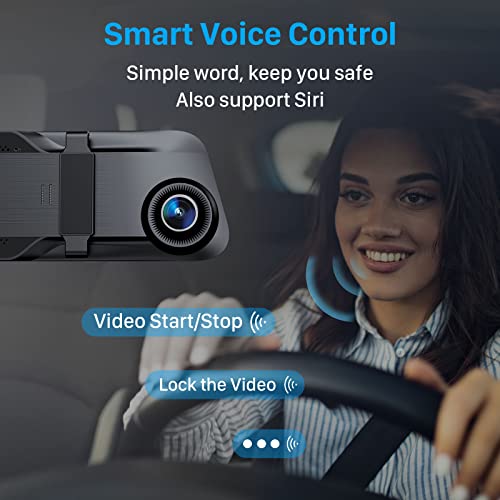 SENSEGO 12" 2K Mirror Dash Cam Carplay Android Auto Wireless 1440P Smart Rearview Backup Camera for Cars, Front and Rear View Dual Cameras, Voice Control, Night Vision, Parking Assistant, 32GB TF Card