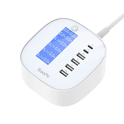 SooPii USB-C Charger 65W, 6 Port USB Charging Station with Real-time LCD Display in Charging, with Dual USB-C Ports(45W Max) PD/PPS Fast Charging Compatible for MacBook,USB C Laptops,Tablet and Phones