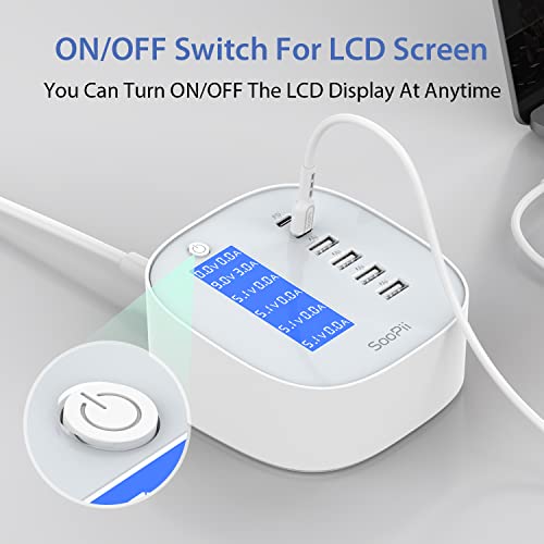 SooPii USB-C Charger 65W, 6 Port USB Charging Station with Real-time LCD Display in Charging, with Dual USB-C Ports(45W Max) PD/PPS Fast Charging Compatible for MacBook,USB C Laptops,Tablet and Phones
