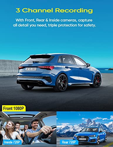 3 Channel Dash Cam Front and Rear Inside, 1080P Dash Camera for Cars, Dashcam Three Way Triple Car Camera with IR Night Vision, Loop Recording, G-Sensor, Parking Monitor, 24 Hours Recording