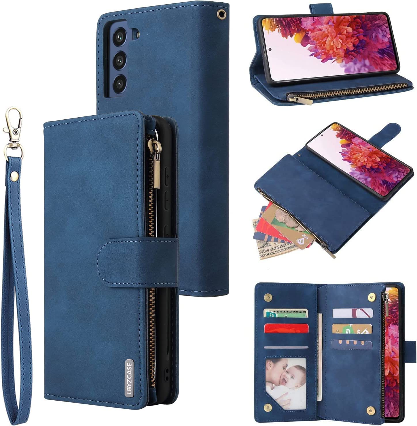 LBYZCASE Phone Case for Galaxy S20 FE 5G(2020),Samsung S20 FE Wallet Case,Luxury Folio Flip Leather Cover[Zipper Pocket][Wrist Strap][Kickstand ] for Samsung Galaxy S20 FE 5G(Fan Edition)-Blue