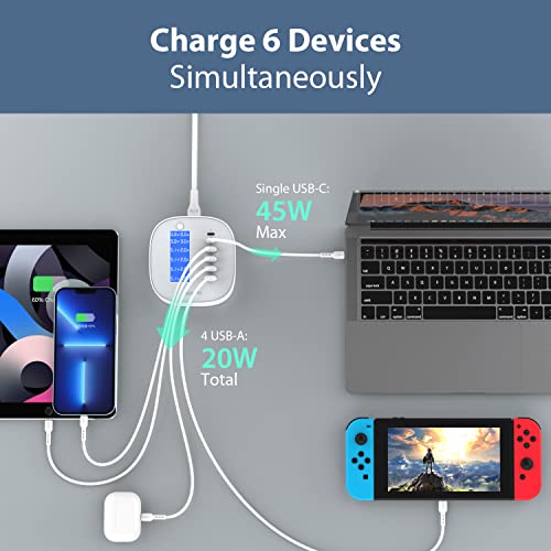 SooPii USB-C Charger 65W, 6 Port USB Charging Station with Real-time LCD Display in Charging, with Dual USB-C Ports(45W Max) PD/PPS Fast Charging Compatible for MacBook,USB C Laptops,Tablet and Phones