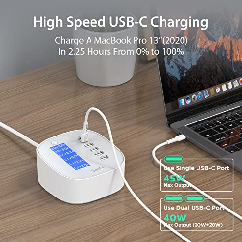 SooPii USB-C Charger 65W, 6 Port USB Charging Station with Real-time LCD Display in Charging, with Dual USB-C Ports(45W Max) PD/PPS Fast Charging Compatible for MacBook,USB C Laptops,Tablet and Phones