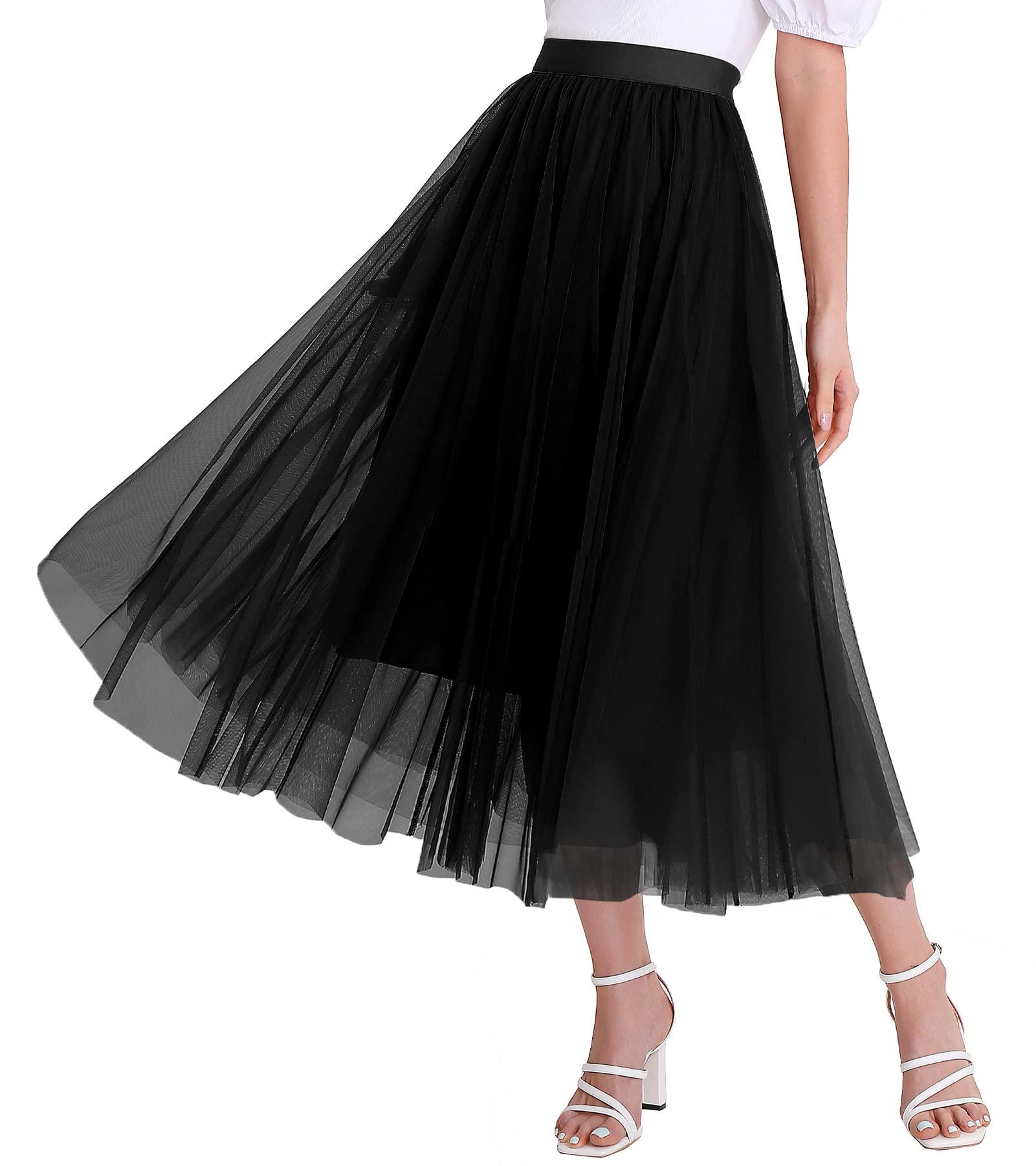 Women’s Tulle Skirts Midi Elastic High Waist Pleated Mesh Flowy A-Line Party Long Tutu Skirt