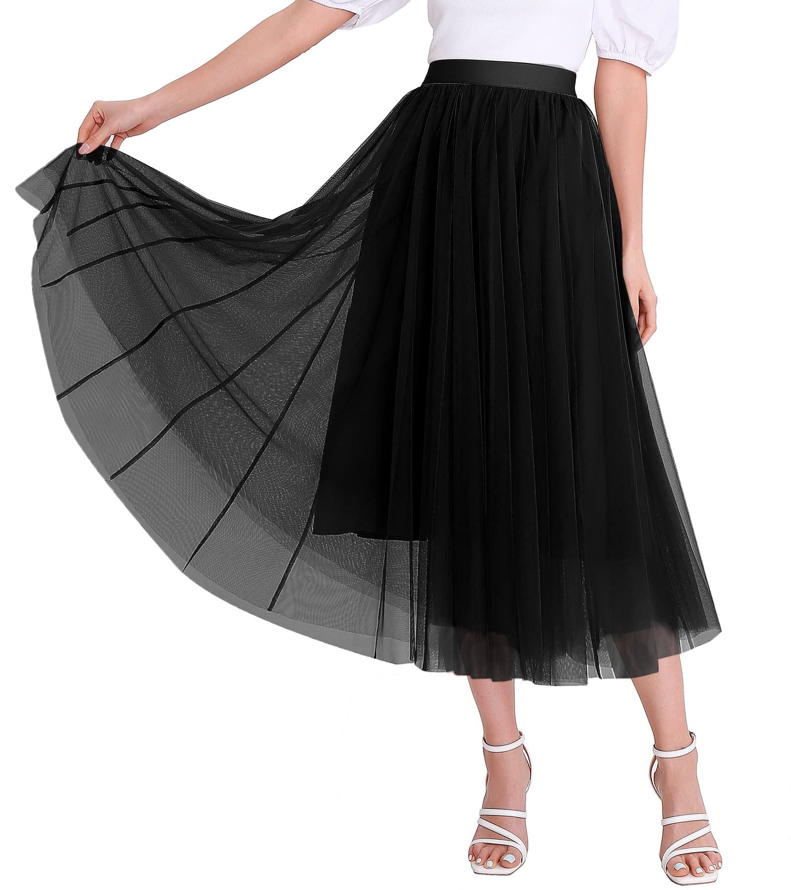 Women’s Tulle Skirts Midi Elastic High Waist Pleated Mesh Flowy A-Line Party Long Tutu Skirt