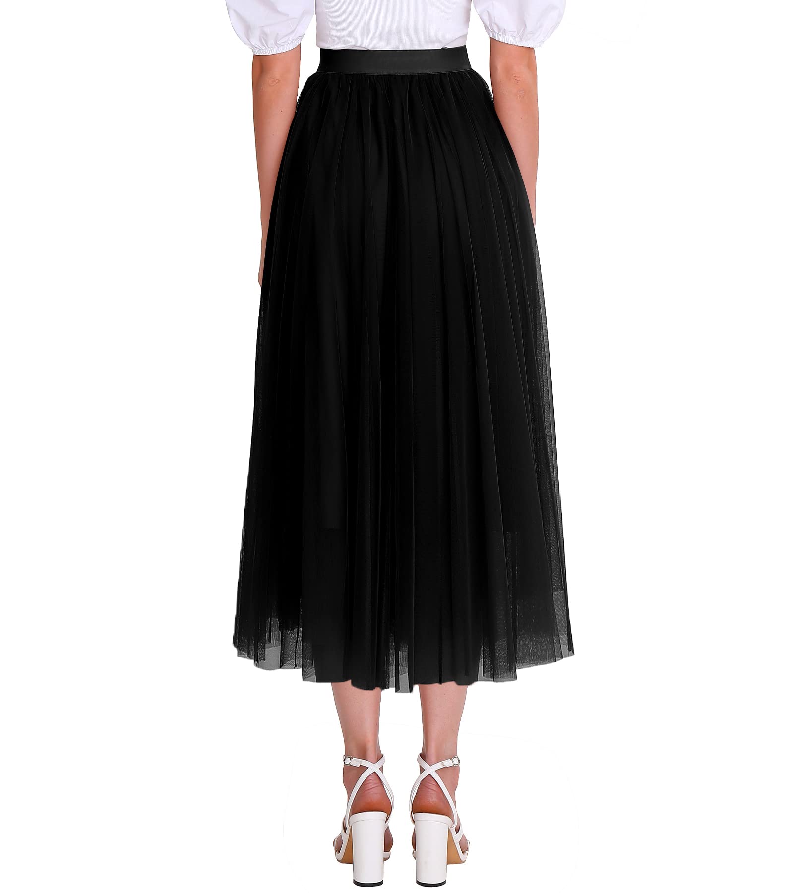 Women’s Tulle Skirts Midi Elastic High Waist Pleated Mesh Flowy A-Line Party Long Tutu Skirt