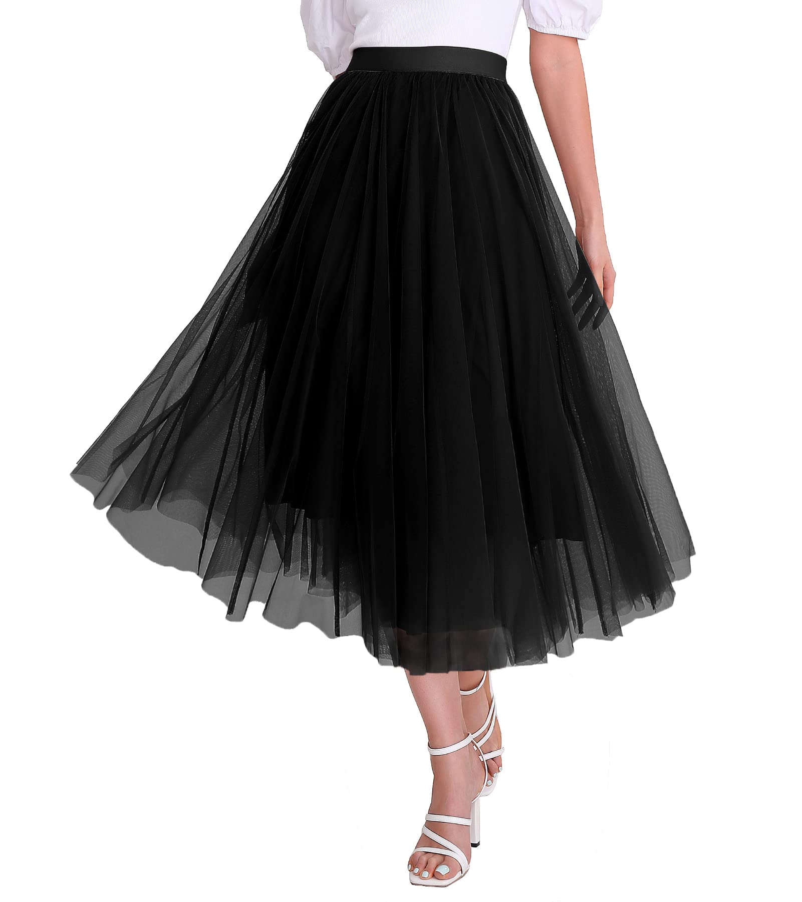 Women’s Tulle Skirts Midi Elastic High Waist Pleated Mesh Flowy A-Line Party Long Tutu Skirt