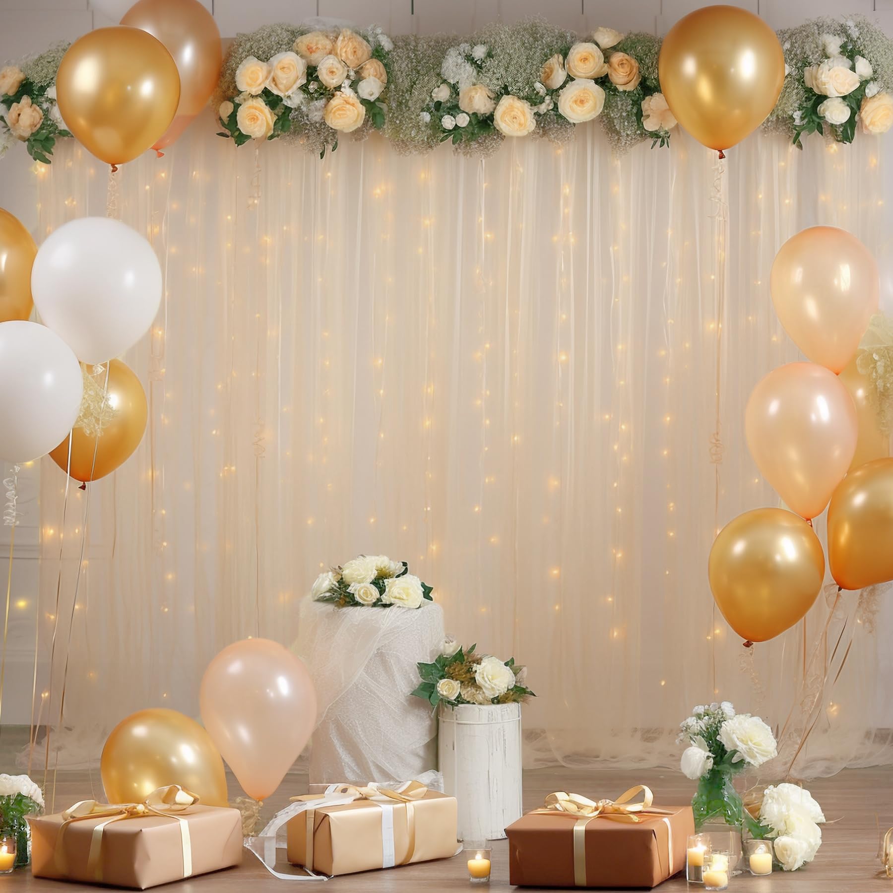 10Γ10ft Champagne Tulle Backdrop Curtain with Lights String for Parites, Sheer Curtain Backdrop Drapes for Wedding Party Home Decorations
