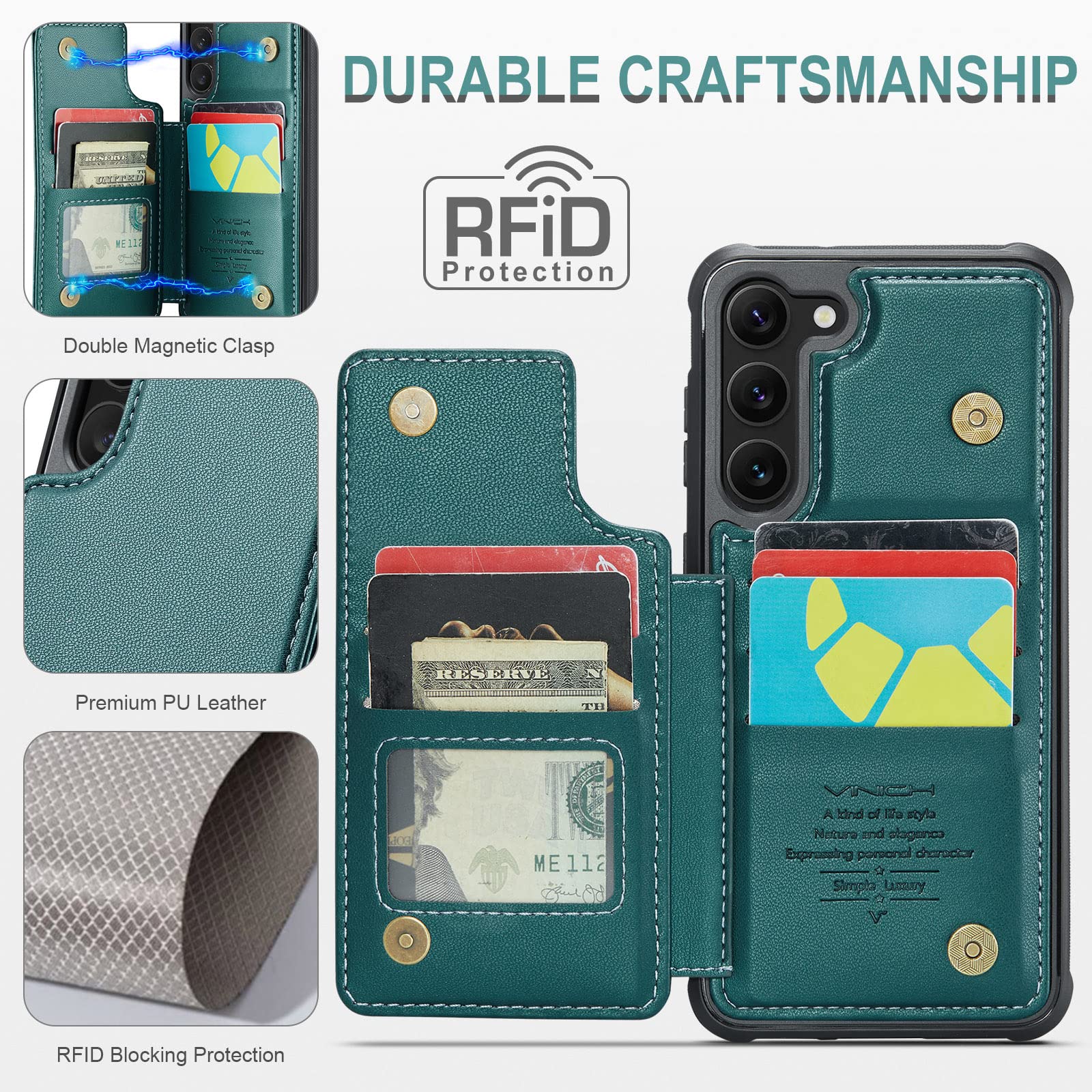 Vinich for Samsung Galaxy S23 Plus Case with Card Holder, for Samsung S23 Plus Wallet Case for Women Men with RFID Blocking, Durable Kickstand Shockproof Case for Galaxy S23 Plus 5G, Bluish Green