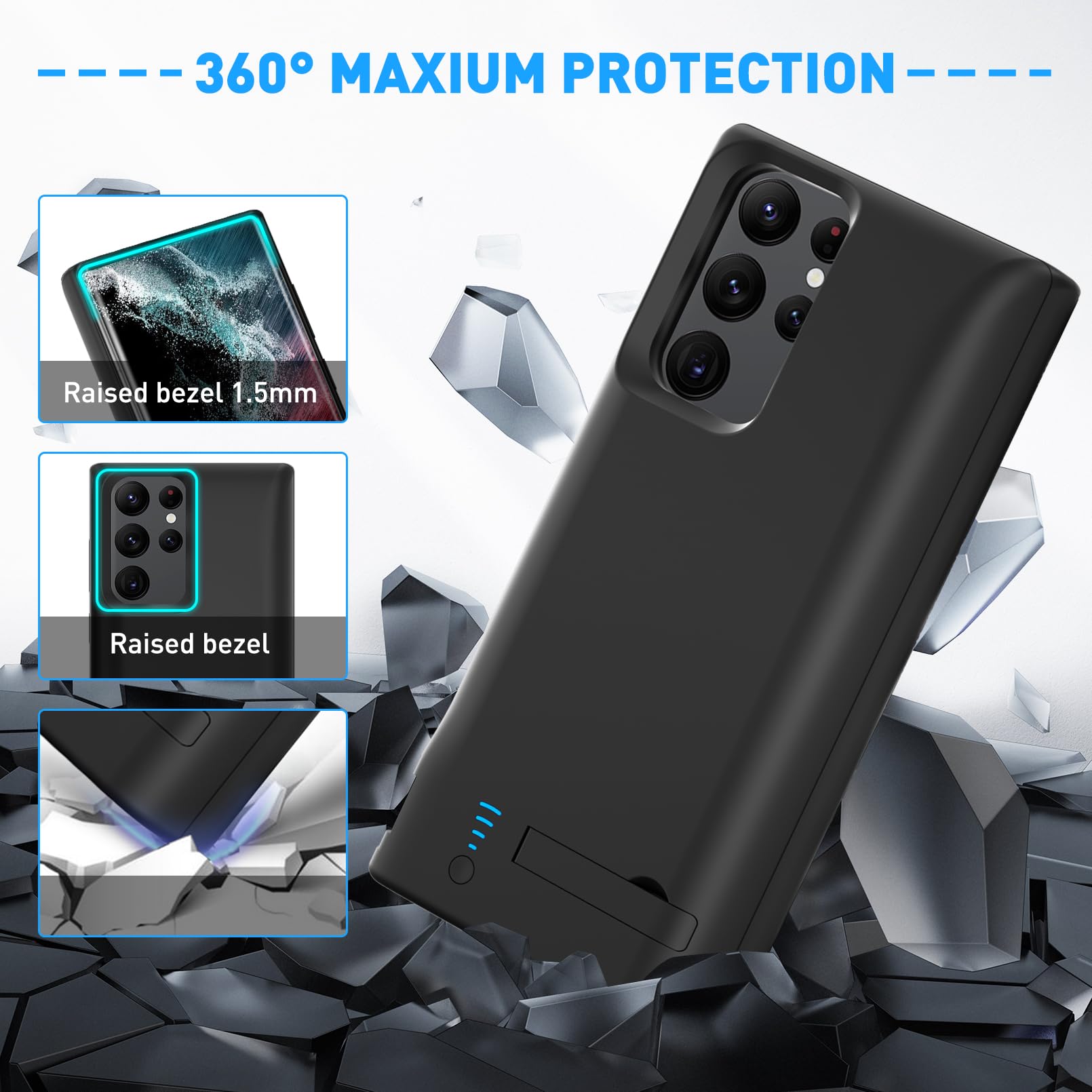 Galaxy S22 Ultra Battery Case, 5000mAh Extended Phone Charging Case & Kickstand & Dual Device Charging, Rechargeable Backup Charger Case for Samsung S22 Ultra 5g(6.8") Black