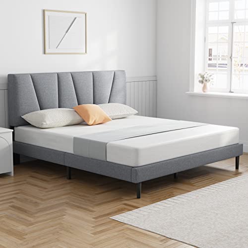 Molblly Twin Bed Frame Upholstered Platform with Headboard and Strong Wooden Slats, Strong Weight Capacity, Non-Slip and Noiseless,No Box Spring Needed, Easy Assembly,Light Grey Twin Bed