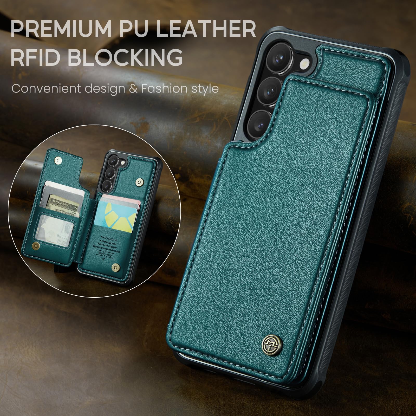 Vinich for Samsung Galaxy S23 Plus Case with Card Holder, for Samsung S23 Plus Wallet Case for Women Men with RFID Blocking, Durable Kickstand Shockproof Case for Galaxy S23 Plus 5G, Bluish Green