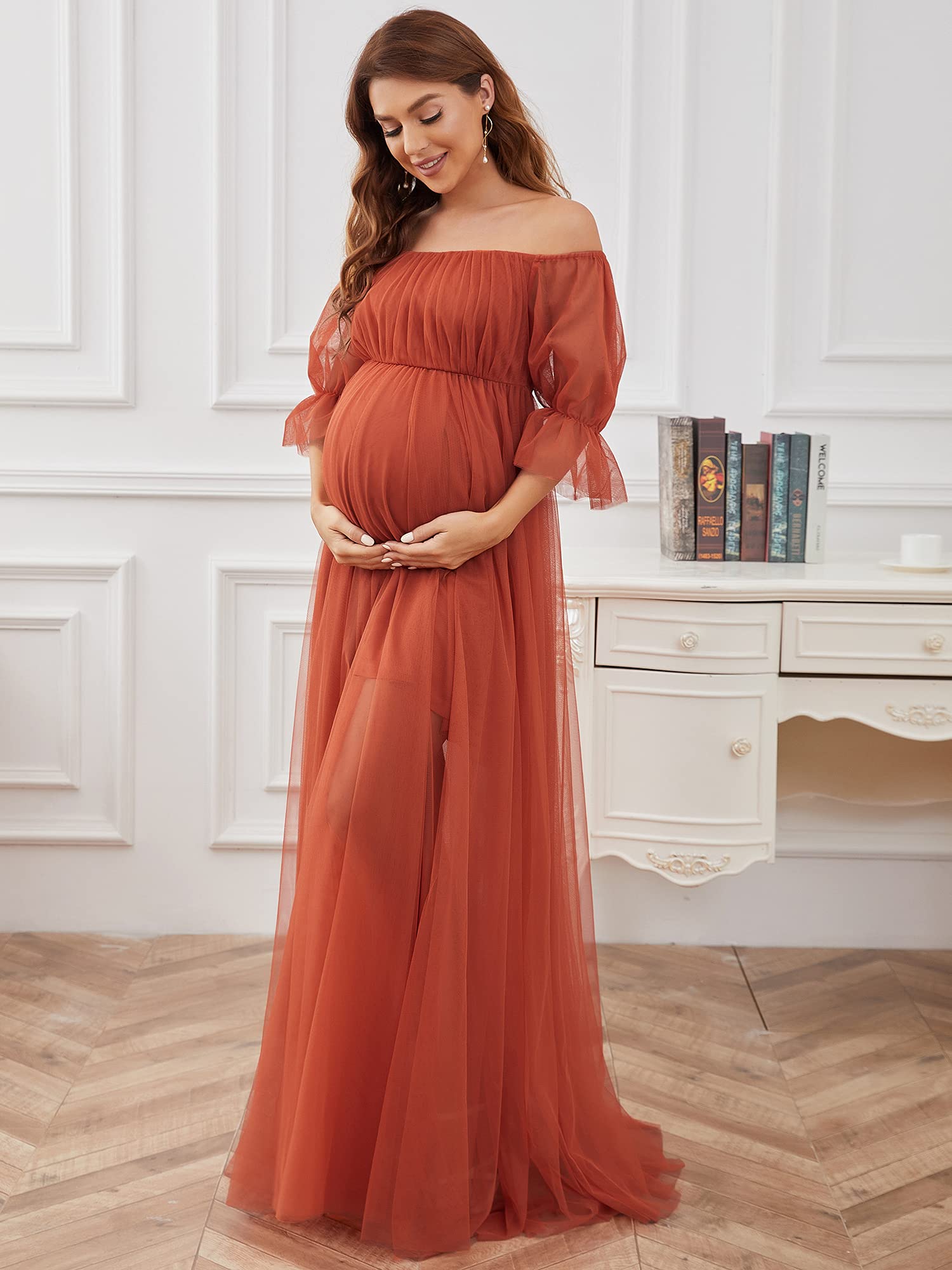 Ever-Pretty Womens Floor Length A-line Tulle Maternity Evening Dresses for Wedding Guest Burgundy US14