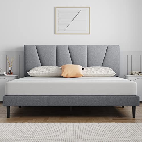 Molblly Twin Bed Frame Upholstered Platform with Headboard and Strong Wooden Slats, Strong Weight Capacity, Non-Slip and Noiseless,No Box Spring Needed, Easy Assembly,Light Grey Twin Bed