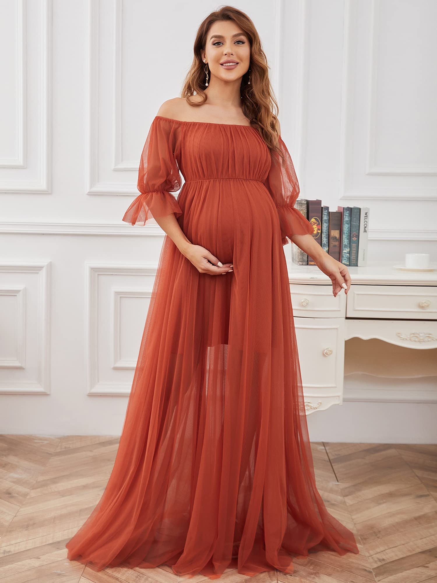 Ever-Pretty Womens Floor Length A-line Tulle Maternity Evening Dresses for Wedding Guest Burgundy US14