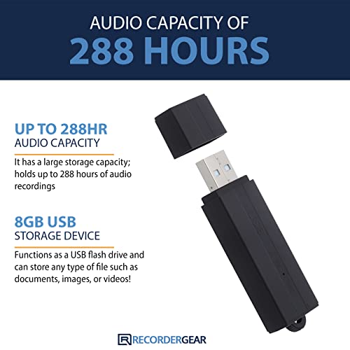 RecorderGear FD50 Mini USB Flash Drive Voice Recorder 8GB Voice Activated Recorder, 25-Day Battery, Time/Date Stamp, Records While Plugged in, Dual Recording Mode Switch Digital Audio Recording Device
