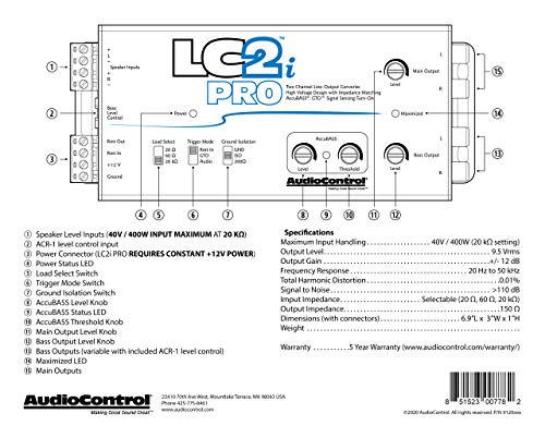 AudioControl LC2i PRO 2-Channel Line Output Converter with Impedance Matching, AccuBASS with 2-Channel Interconnect Cable