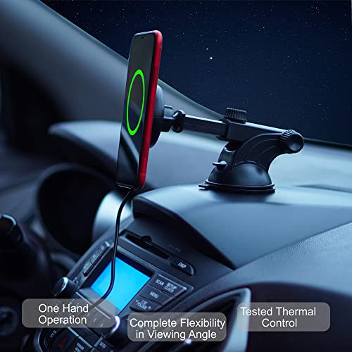 KLEVERIDE - Magnetic Wireless Charger Car Mount/Phone Holder with Flexible Angle, Fast Charging, Strong Magnet, Mounted on Dashboard/Windshield/Air Vent, Compatible with MagSafe iPhone 12/13/14 Series