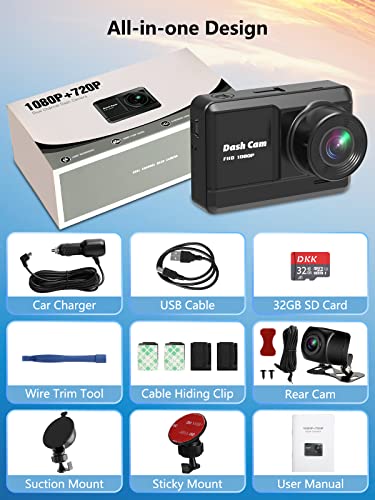 Dash Cam Front and Rear, Mini Dash Cam 1080P Full HD with 32GB SD Card, 2.45 inch IPS Screen, 2 Mounting Ways, Night Vision, WDR, Accident Lock, Loop Recording, Parking Monitor, Motion Detection
