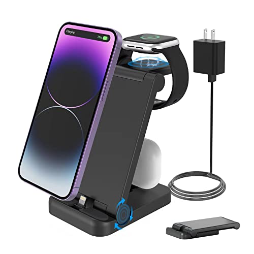 Foldable Charging Station for Apple Multiple Devices, 3 in 1 Fast Wireless Charger for Apple Watch Ultra/8/7/6/5/4/3/2/SE, Charging Dock Stand for iPhone 14/13/12/X/8/7/6 Series, AirPods Pro/3/2/1