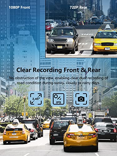 Dash Cam Front and Rear, Mini Dash Cam 1080P Full HD with 32GB SD Card, 2.45 inch IPS Screen, 2 Mounting Ways, Night Vision, WDR, Accident Lock, Loop Recording, Parking Monitor, Motion Detection