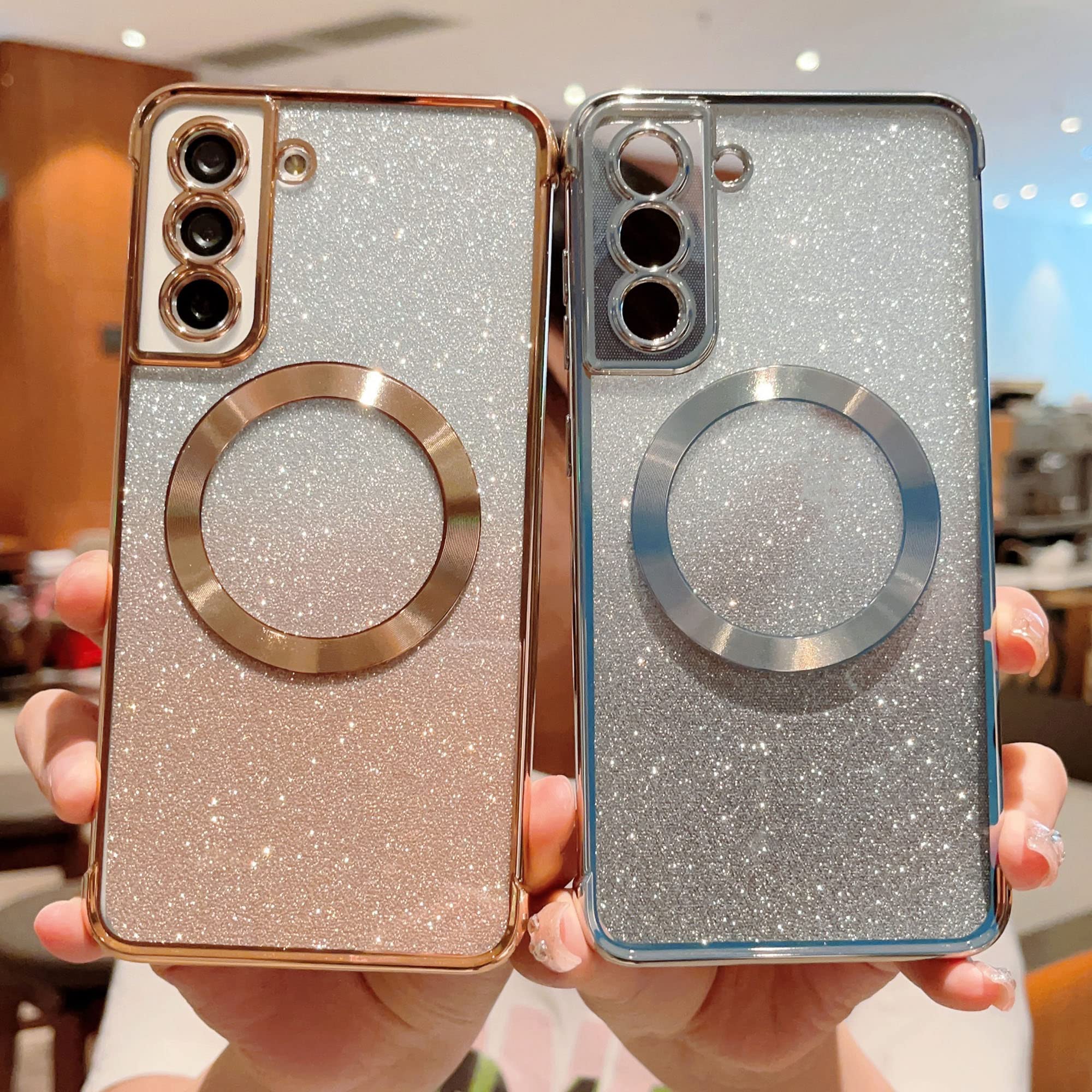 phylla for Samsung Galaxy S21 FE Magnetic Gradient Glitter Phone Case Compatible with Magsafe Luruxy Plated Cute Bling Clear Cover for Women Soft Silicone Shockproof Bumper for S21 FE 5G 6.4” (Gold)