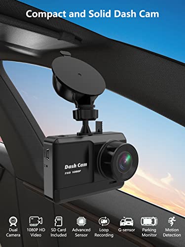 Dash Cam Front and Rear, Mini Dash Cam 1080P Full HD with 32GB SD Card, 2.45 inch IPS Screen, 2 Mounting Ways, Night Vision, WDR, Accident Lock, Loop Recording, Parking Monitor, Motion Detection