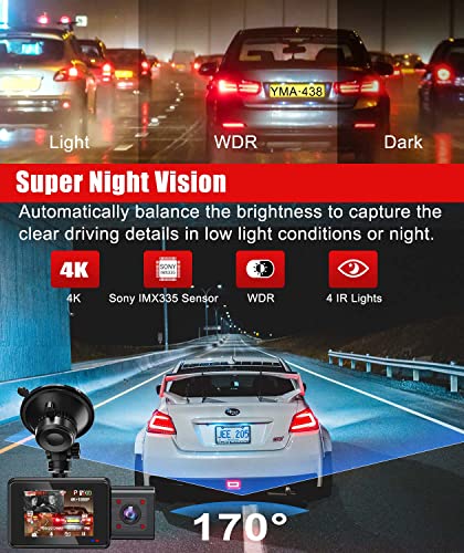 LAMONKE 4K Dash Cam with GPS, Front and Inside Dual 4K/1080P Dash Camera for Cars, Dashcam with WiFi, IR Night Vision Car Camera, 24/7 Recording Parking Mode, G-Sensor, WDR, 256GB Supported