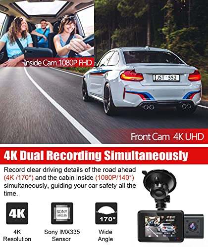LAMONKE 4K Dash Cam with GPS, Front and Inside Dual 4K/1080P Dash Camera for Cars, Dashcam with WiFi, IR Night Vision Car Camera, 24/7 Recording Parking Mode, G-Sensor, WDR, 256GB Supported