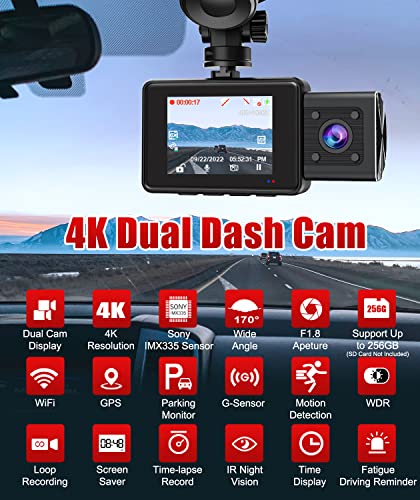 LAMONKE 4K Dash Cam with GPS, Front and Inside Dual 4K/1080P Dash Camera for Cars, Dashcam with WiFi, IR Night Vision Car Camera, 24/7 Recording Parking Mode, G-Sensor, WDR, 256GB Supported